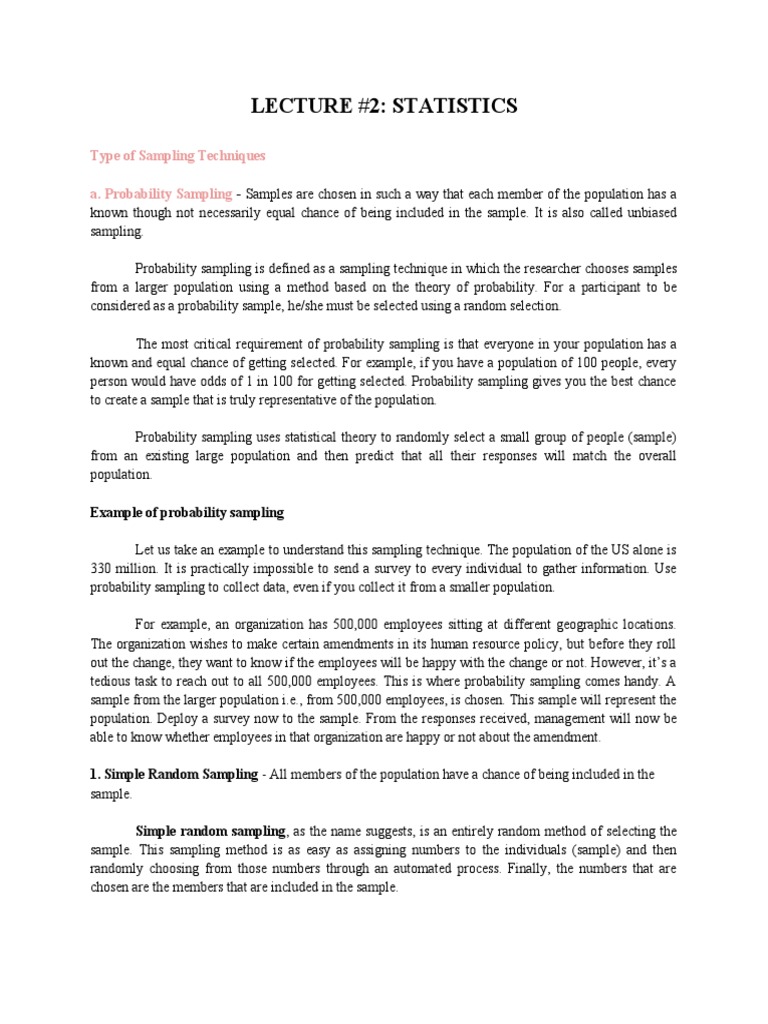 Lecture #2: Statistics: Type of Sampling Techniques A. Probability ...