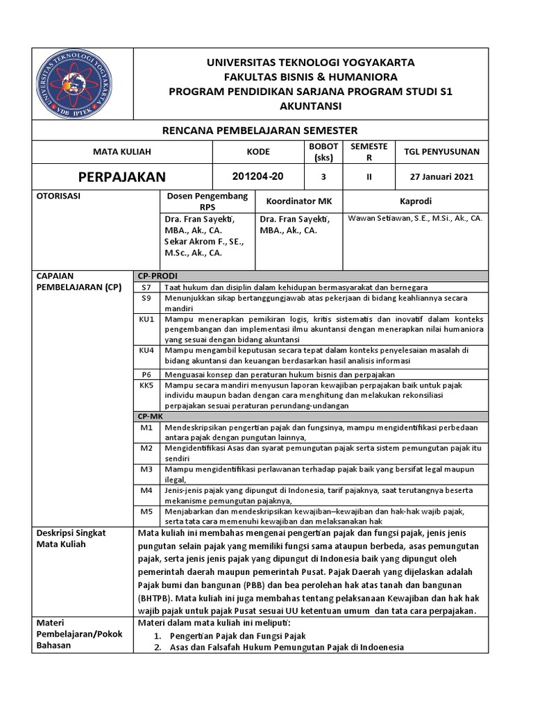 RPS Perpajakan Kurikulum 2021 | PDF