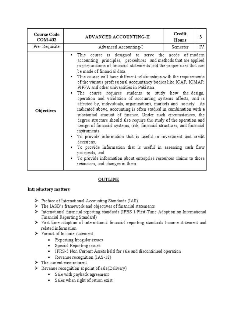 Course Code COM-402 Advanced Accounting-Ii Credit Hours 3 | PDF ...