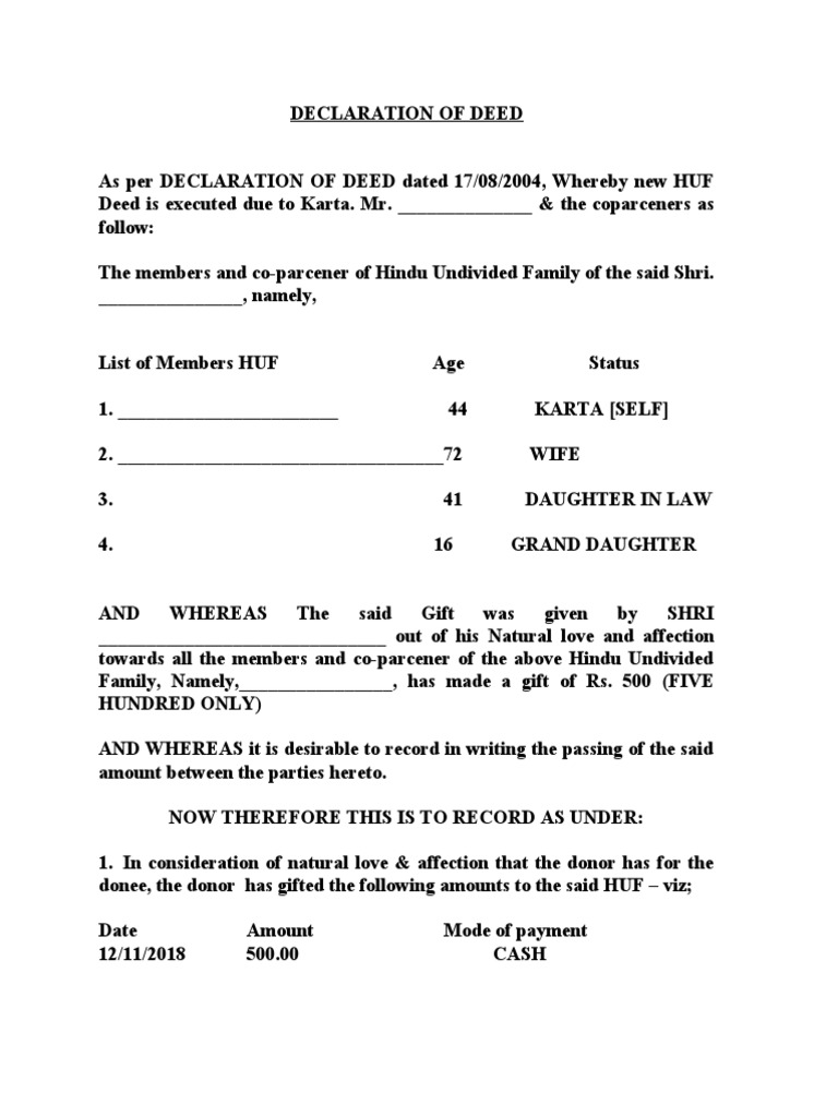 Huf Deed Format | PDF | Common Law | Private Law