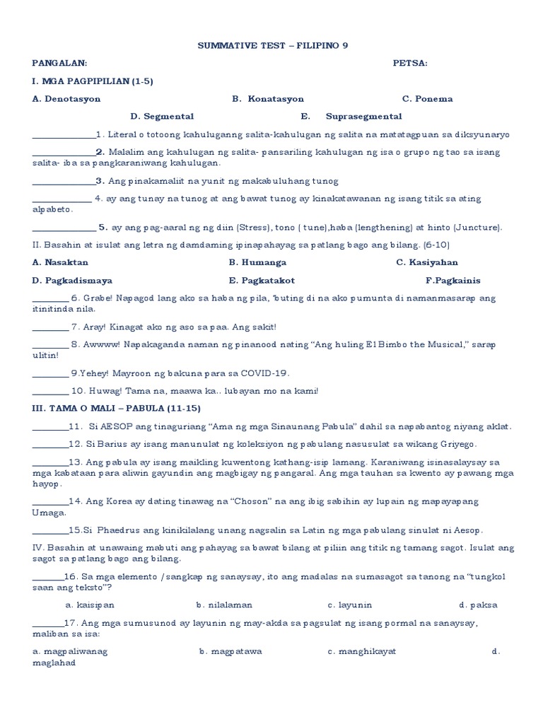 Summative Test Filipino 9 | PDF