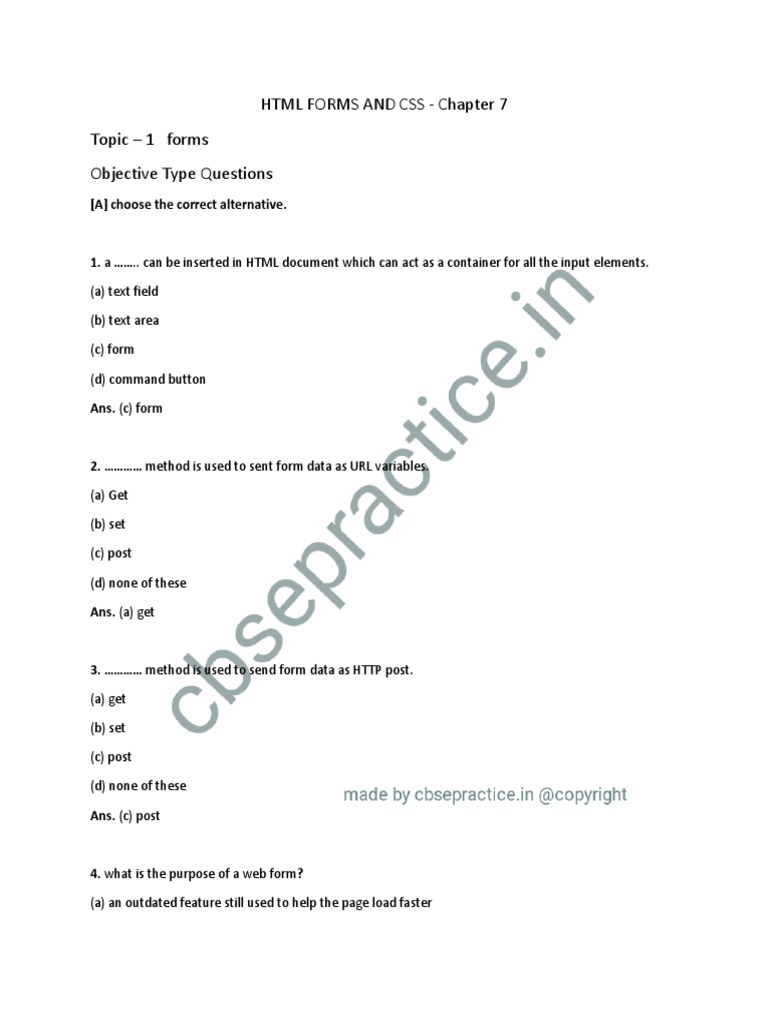 HTML Forms and Css - Chapter 7 Topic - 1 Forms Objective Type Questions ...