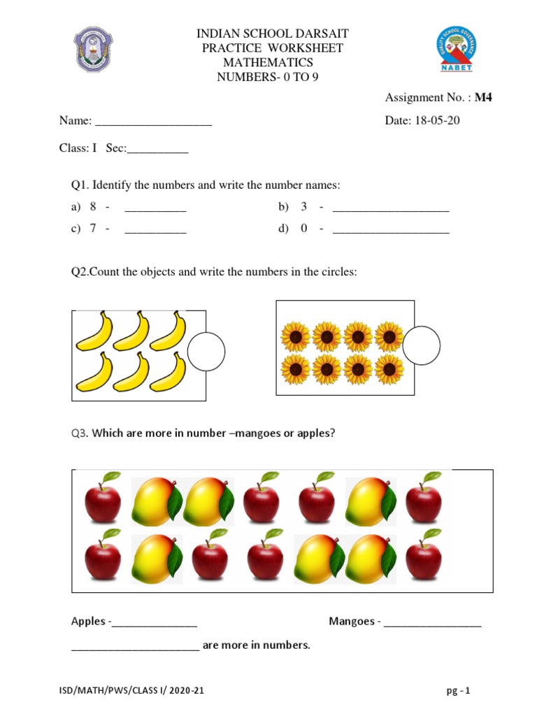 Class 1 Math Worksheet: Numbers 0-9 | PDF