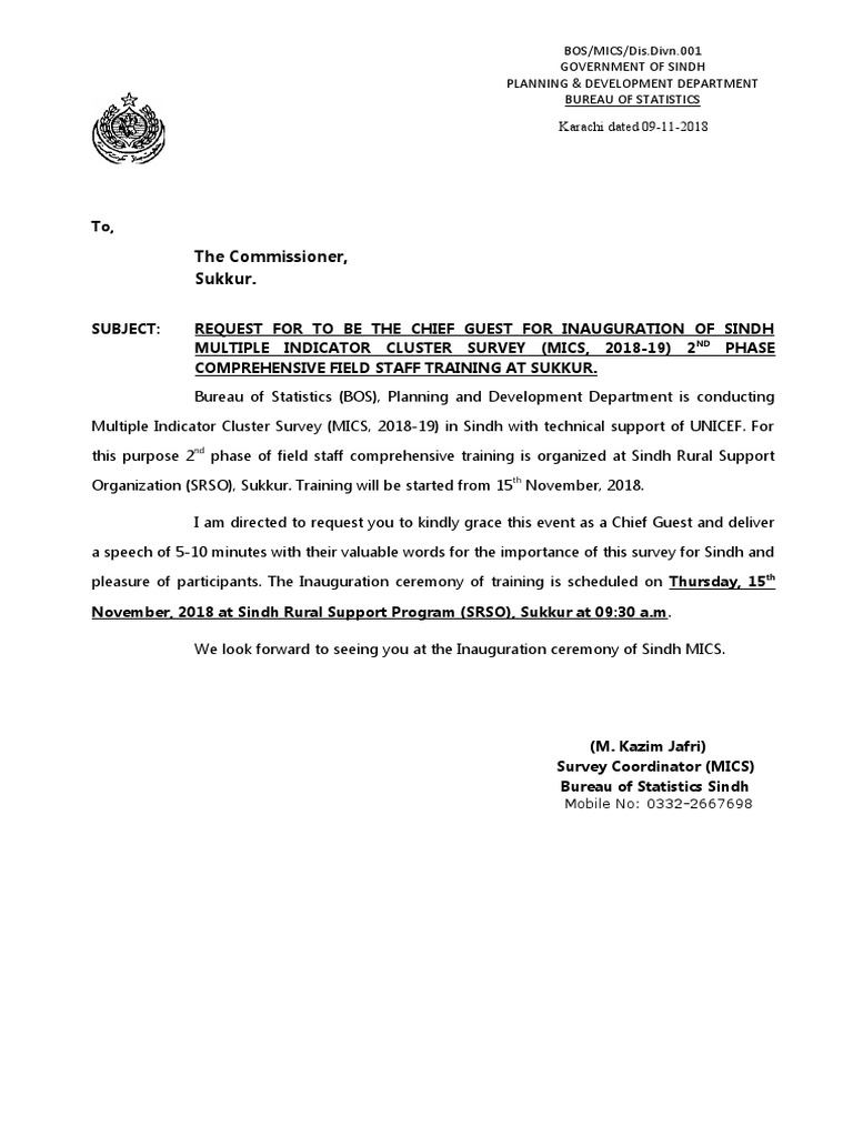 MICS Phase II Invitation Letter For Chief Guest | PDF | Sindh | Business