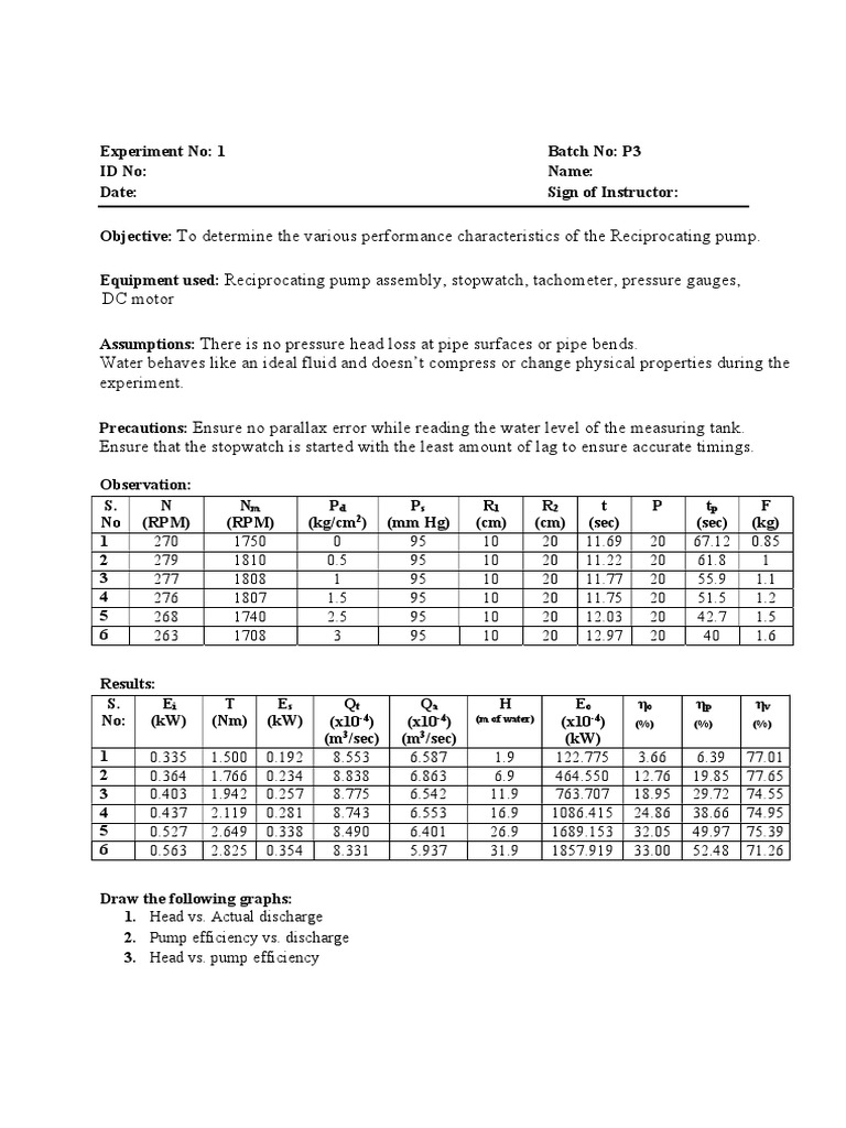 Reciprocating Pump Lab Experiment | PDF | Fluid Mechanics | Chemical ...