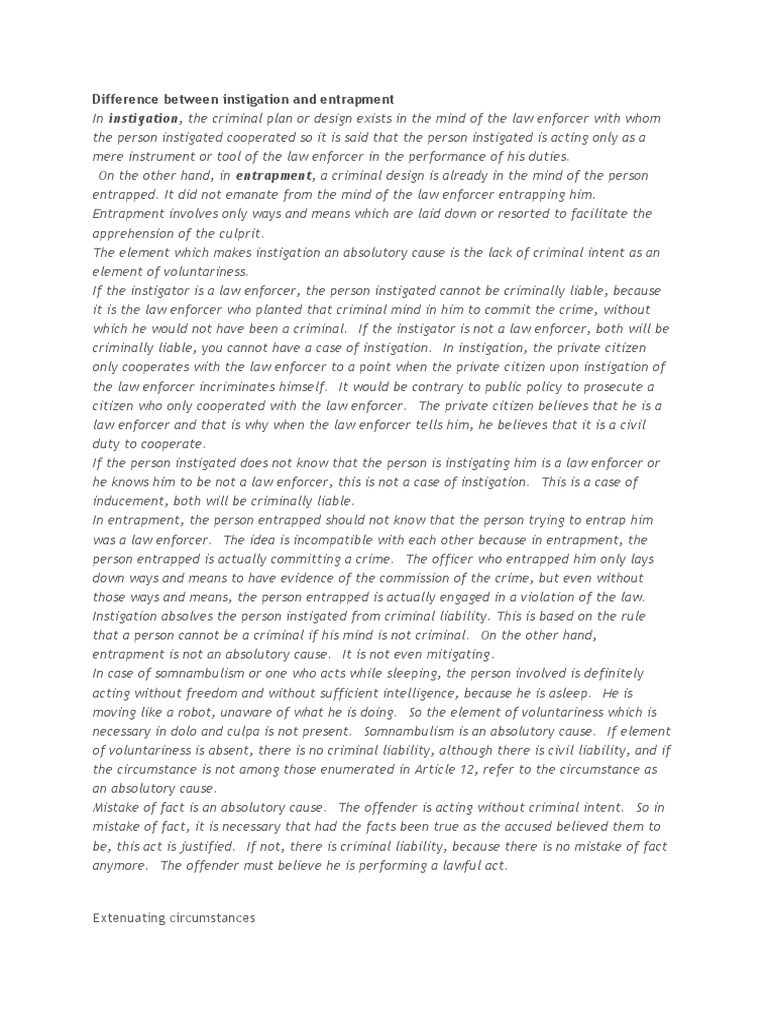 Instigation vs. Entrapment Explained | PDF | Entrapment | Crime & Violence