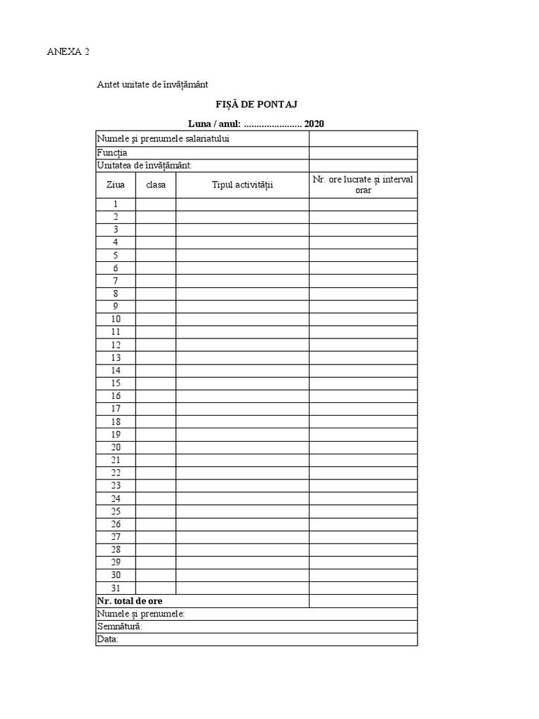 Fisa Pontaj - 2020 | PDF