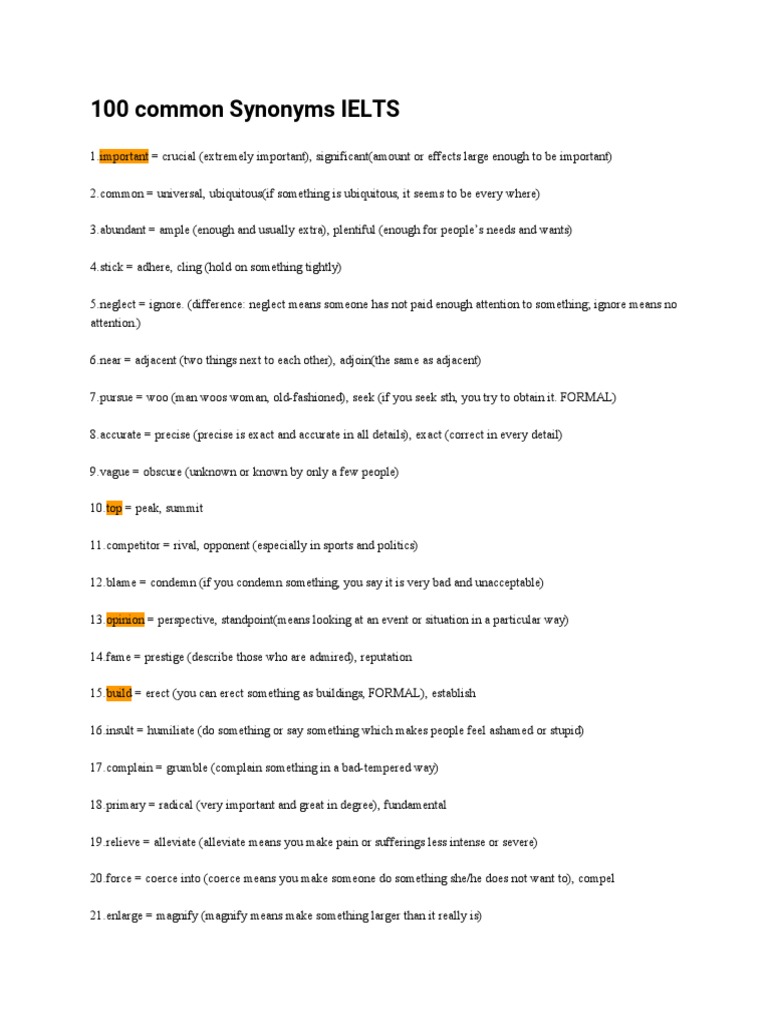 A Comprehensive List of Synonyms for Common Words Used on the IELTS Exam | PDF | Cognition ...