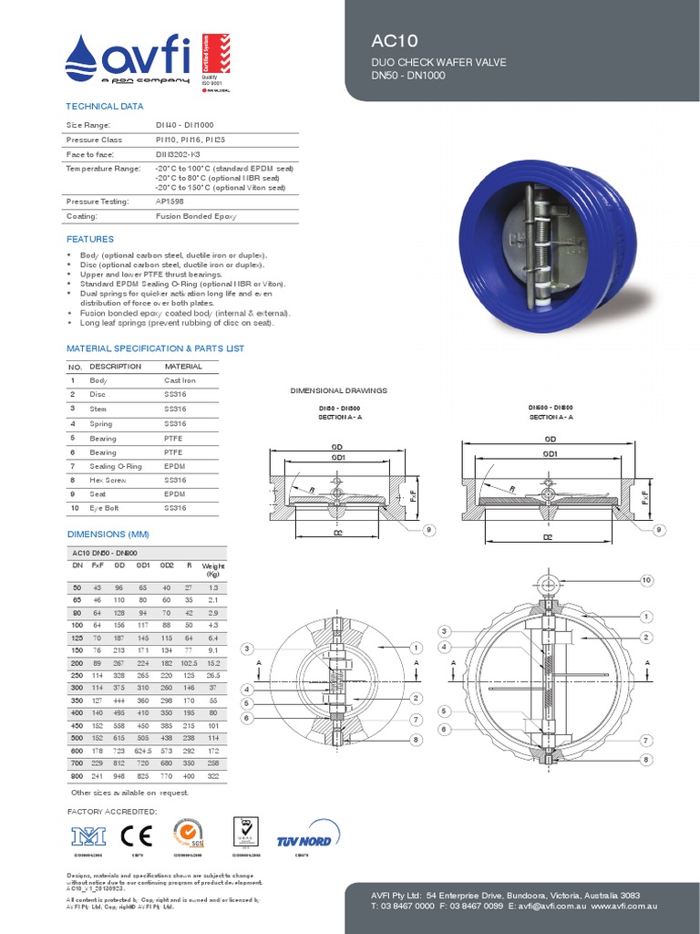 Technical Data: Duo Check Wafer Valve DN50 - DN1000 | PDF | Stainless ...