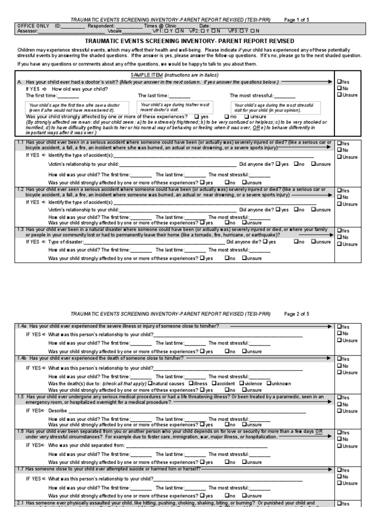 Traumatic Events Screening Inventory-Parent Report Revised | PDF ...