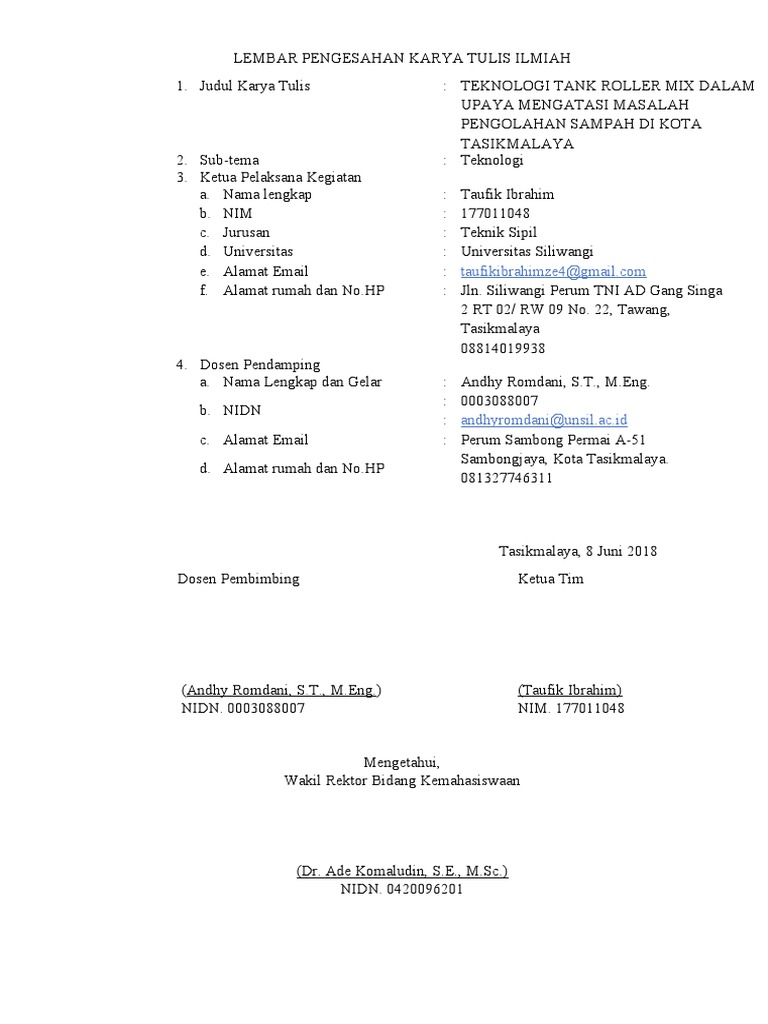 Lembar Pengesahan Karya Tulis Ilmiah | PDF