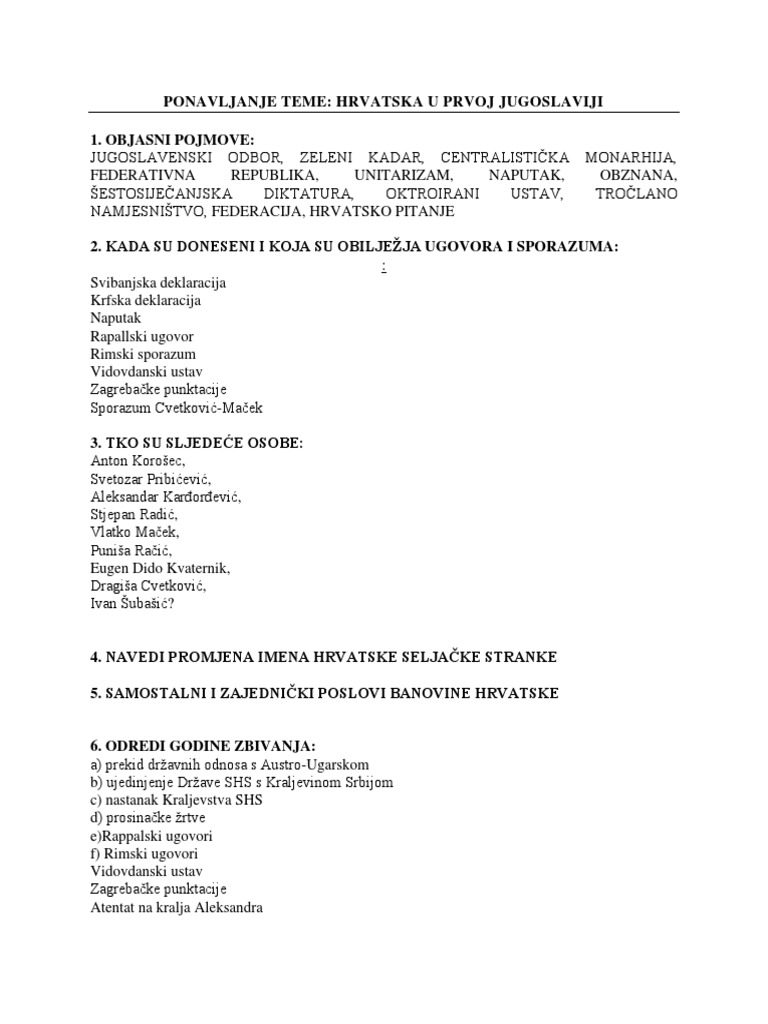 Ponavljanje Teme: Hrvatska U Prvoj Jugoslaviji | PDF
