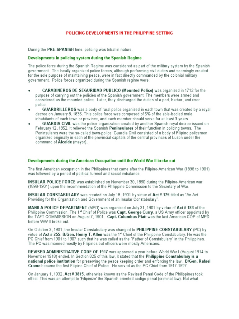 Lesson 2.b POLICING DEVELOPMENTS IN THE PHILIPPINE SETTING | PDF | Law ...