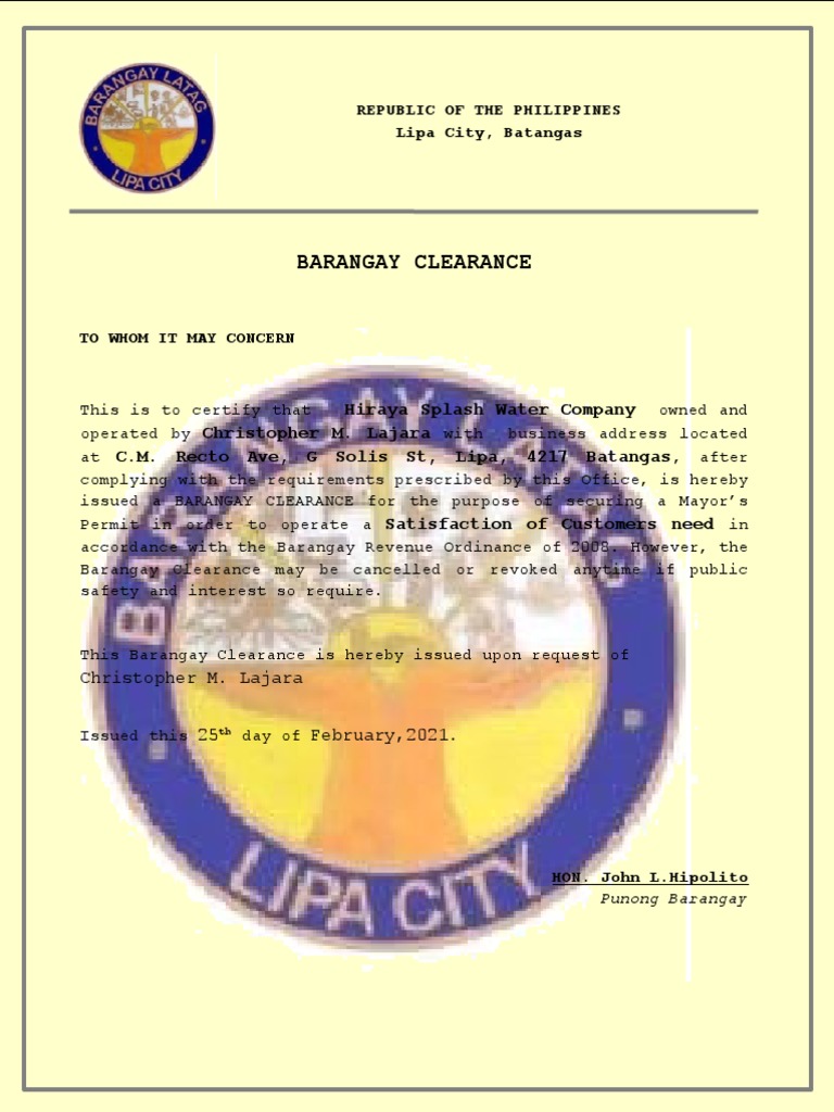Barangay Clearance: Republic of The Philippines Lipa City, Batangas | PDF