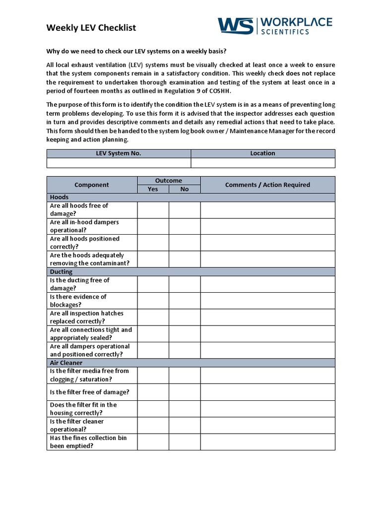 LEV Weekly Checklist | Download Free PDF | Working Conditions | Workplace