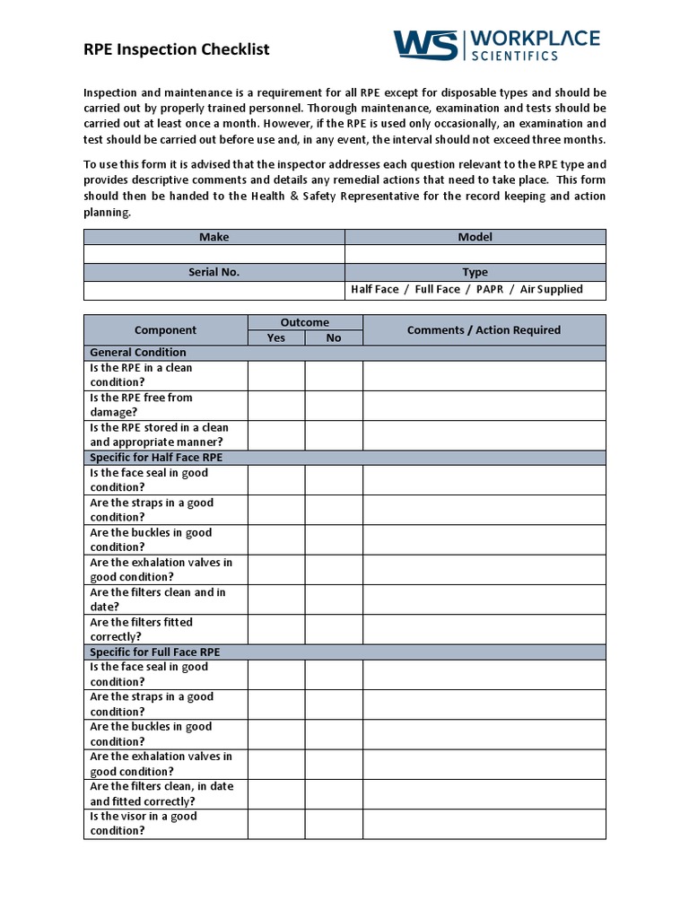 RPE Monthly Inspection Checklist | PDF | Occupational Safety And Health ...