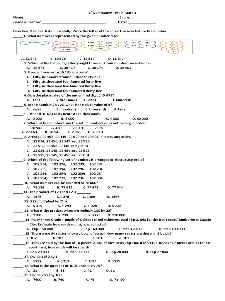 Grade 4 Math Summative Test Q1 | PDF | Teaching Mathematics