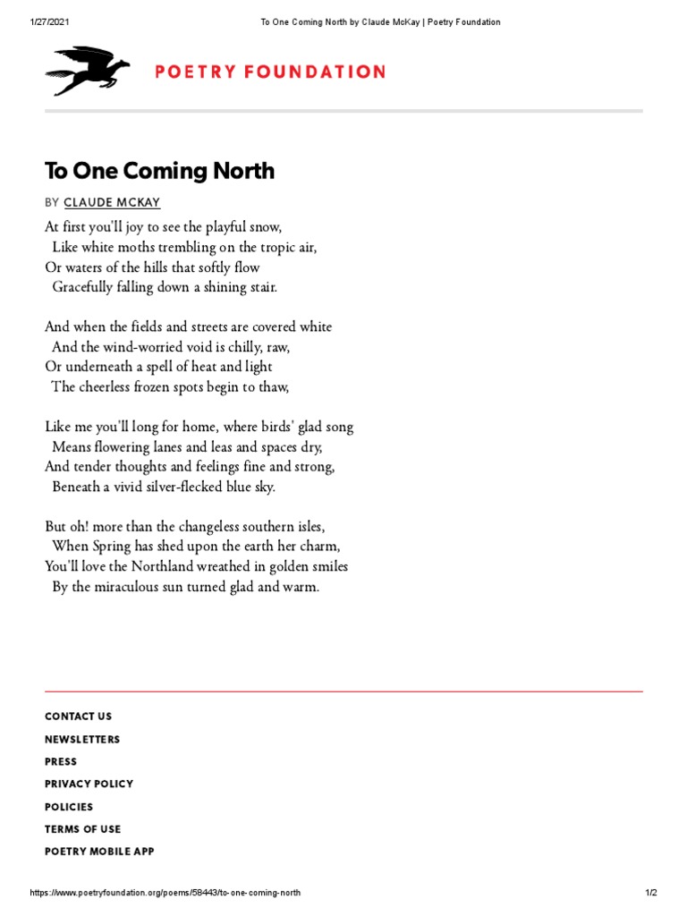 To One Coming North by Claude McKay - Poetry Foundation | PDF