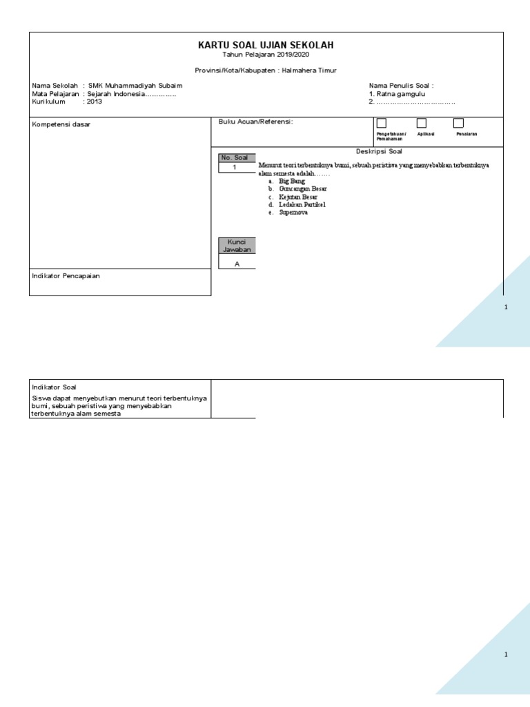 Format Kartu Soal k13 - Katulis Sejarah | PDF