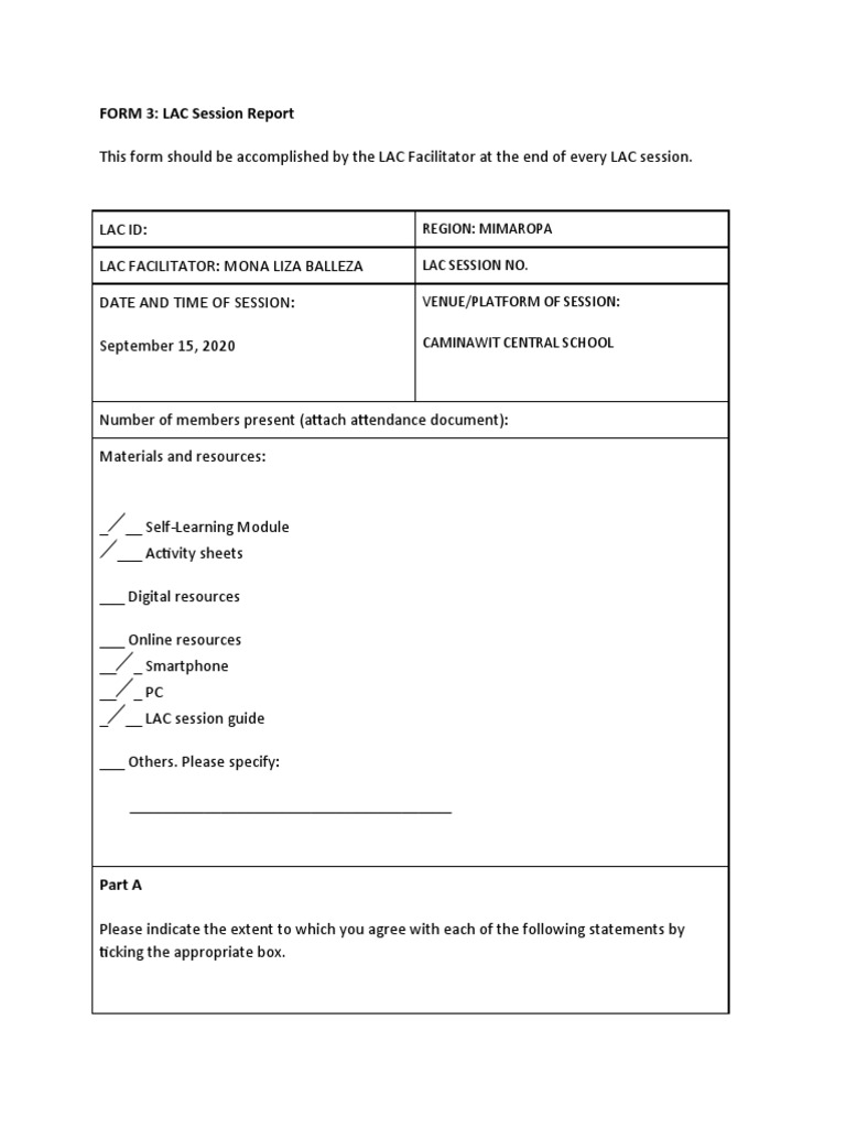 FORM 3: LAC Session Report: Region: Mimaropa Lac Session No. Venue ...