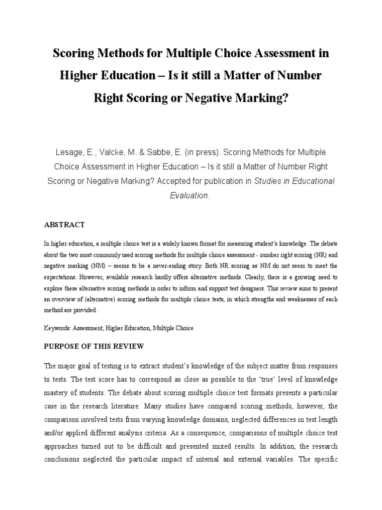Multiple Choice Scoring Methods Which Is Best For Higher Ed Assessment Pdf Multiple Choice