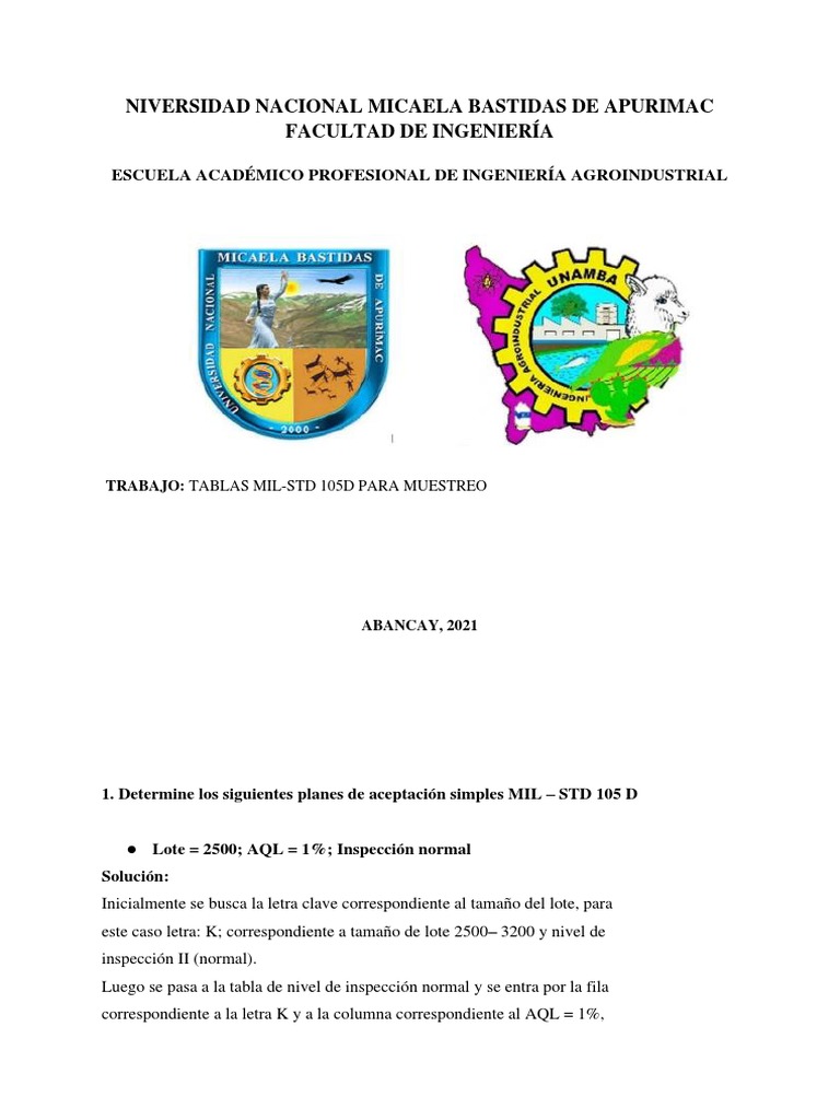 Tarea - Tablas MIL-STD 105D para Muestreo | PDF | Probabilidades y ...