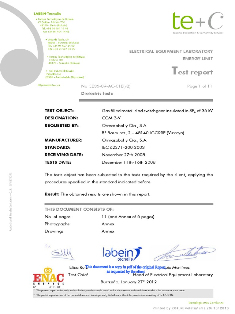 Dielectric Test Report for 36 kV Switchgear | PDF | High Voltage | Voltage