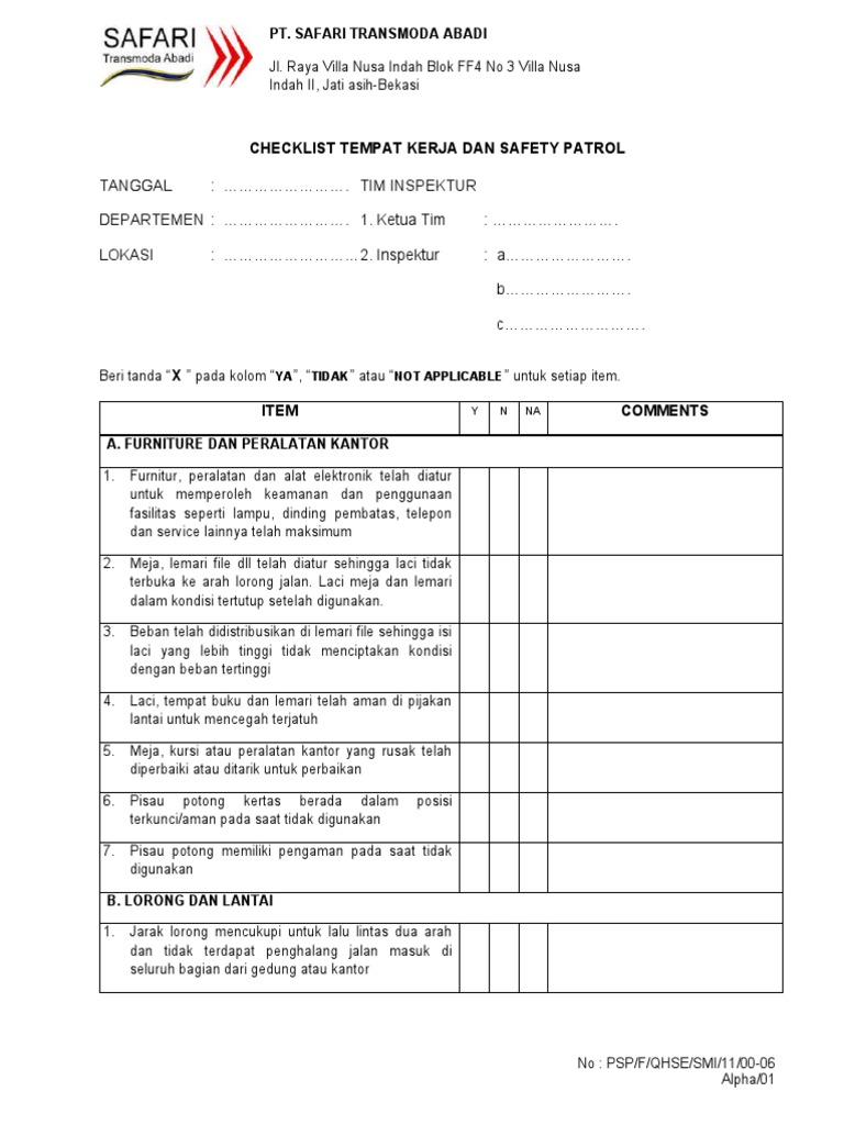 11.00-06 Form Checklist Tempat Kerja Dan Safety Patrol | PDF