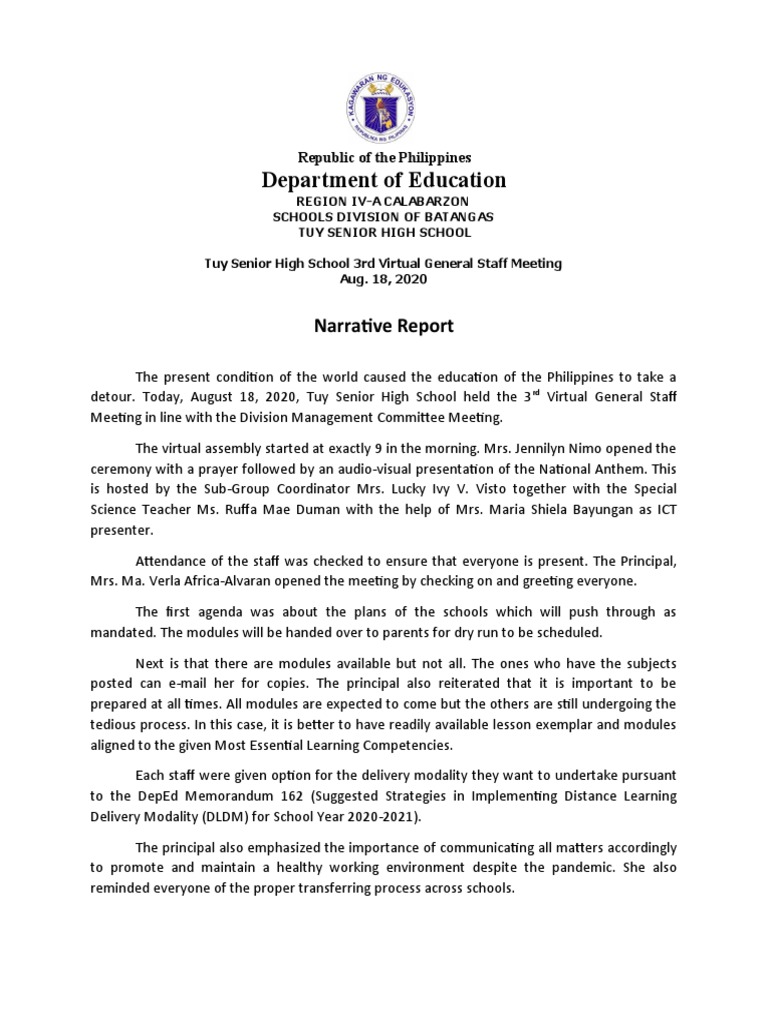 Department of Education: Narrative Report | PDF | Human Nature ...