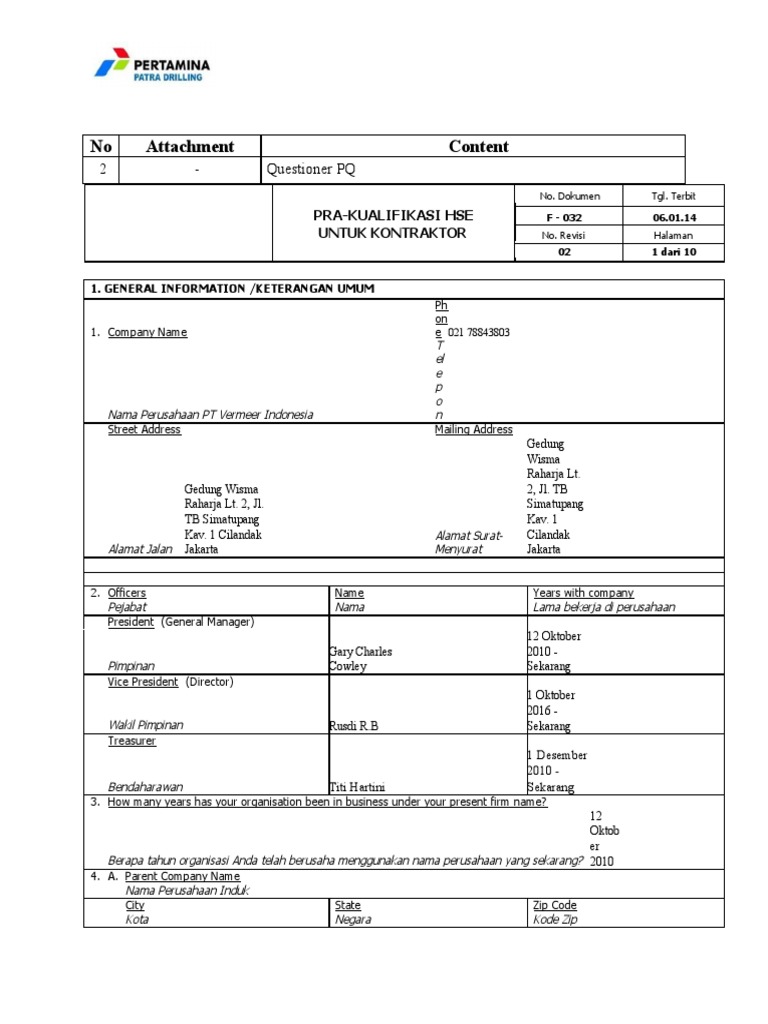 Formulir Prakualifikasi Hse Untuk Kontraktor | PDF