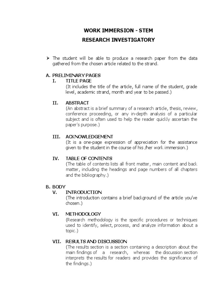 Work Immersion - Stem Research Investigatory: A. Preliminary Pages I ...