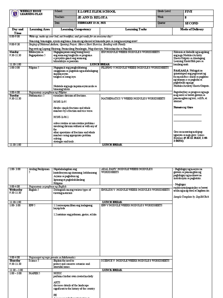 WHLP - Grade 5 (Q2 Week 8) | PDF