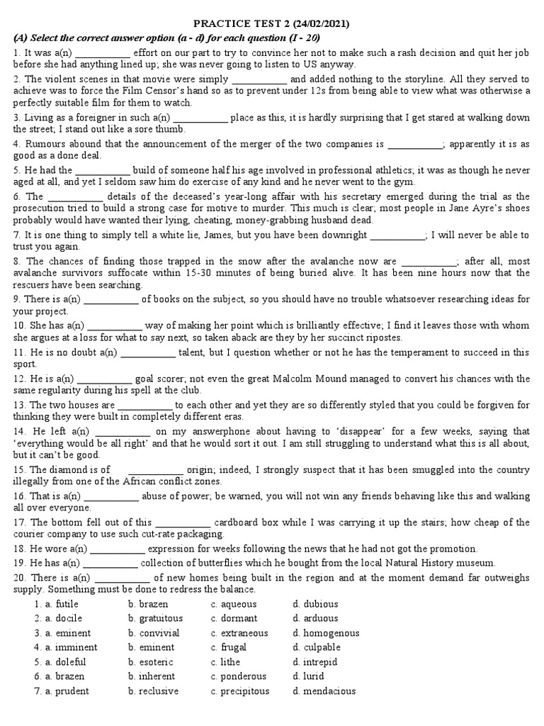(A) Select The Correct Answer Option (A - D) For Each Question (I - 20 ...