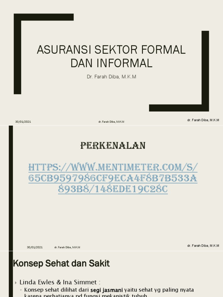 Asuransi Sektor Formal Dan Informal Dr. Farah Diba, M.K.M | PDF