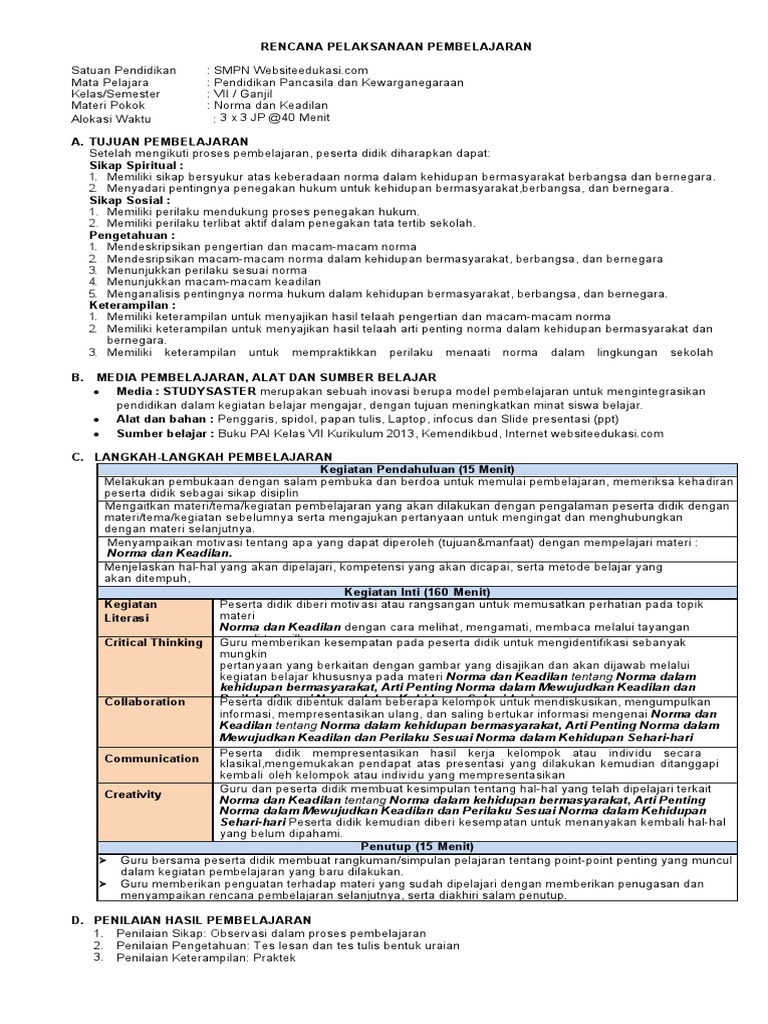 RPP 1 Lembar PKN Kelas 7 | PDF
