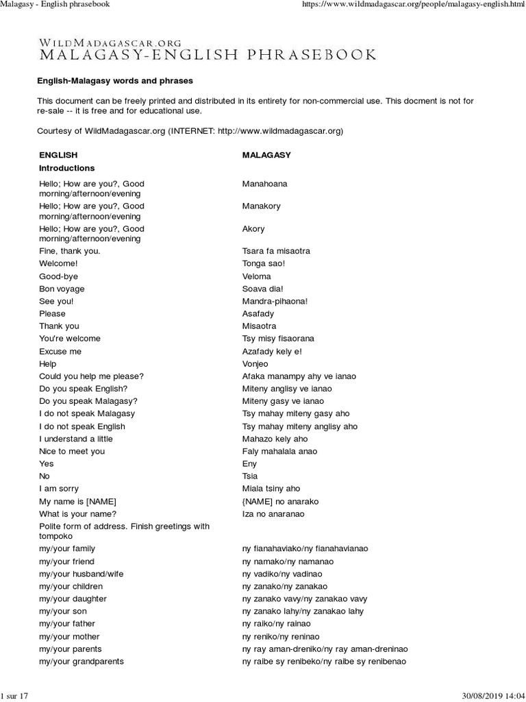 Malagasy - English Phrasebook | PDF | Nature | Foods