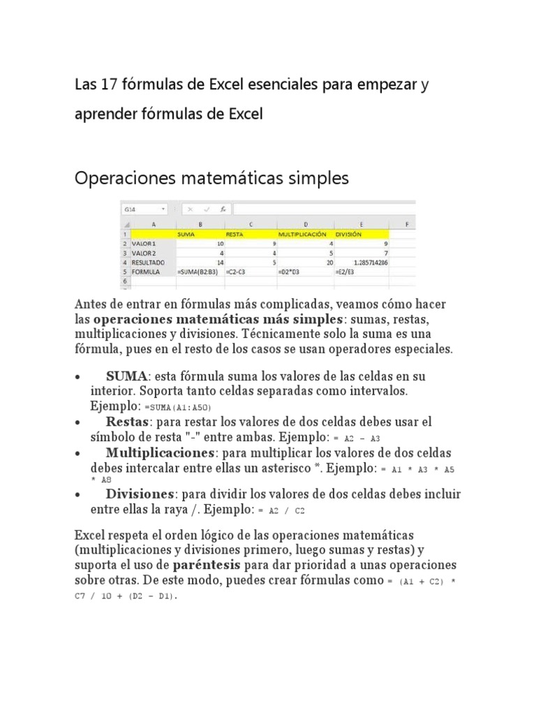 Las 17 Fórmulas de Excel Esenciales para Empezar y Aprender Fórmulas de Excel | PDF ...
