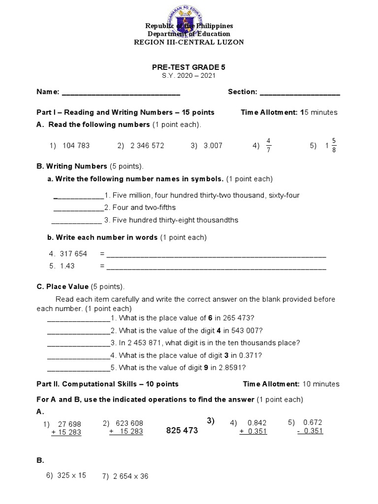 Grade 5 With Answer Key | PDF | Teaching Mathematics