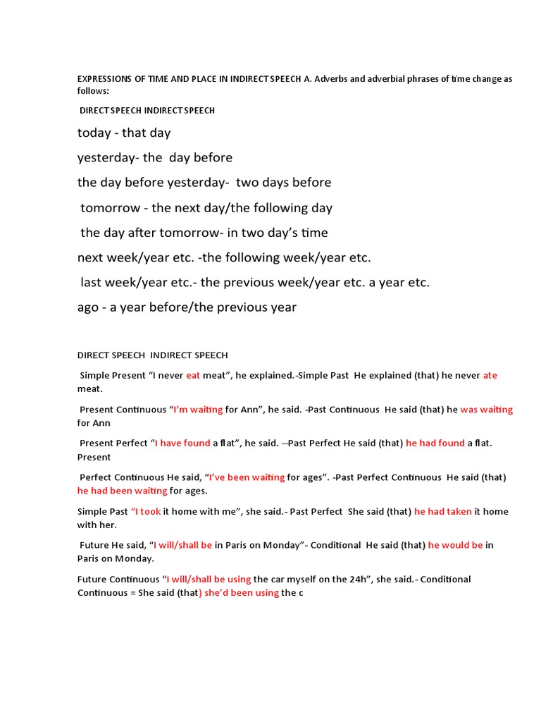 Expressions of Time and Place in Indirect Speech A | PDF