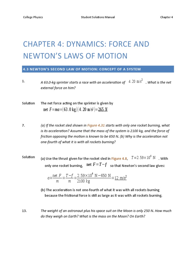Chapter 4: Dynamics: Force and Newton'S Laws of Motion: Net F Ma (63.0 ...