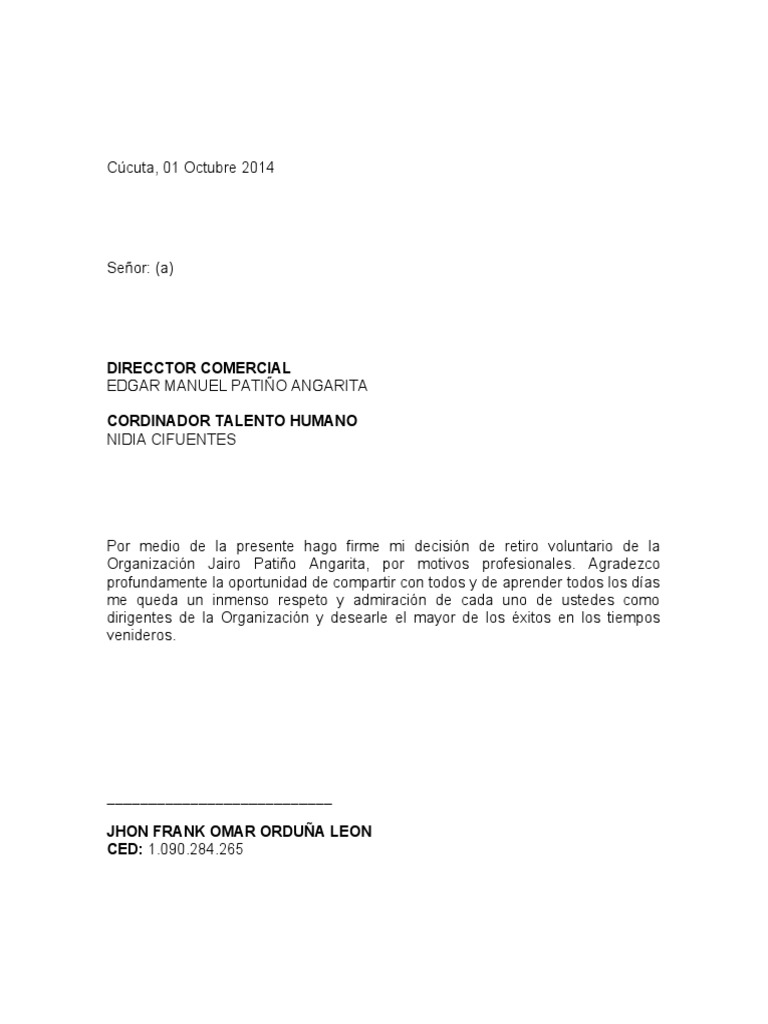 Renuncia voluntaria de Jhon Frank Omar Orduna Leon de la Organización ...