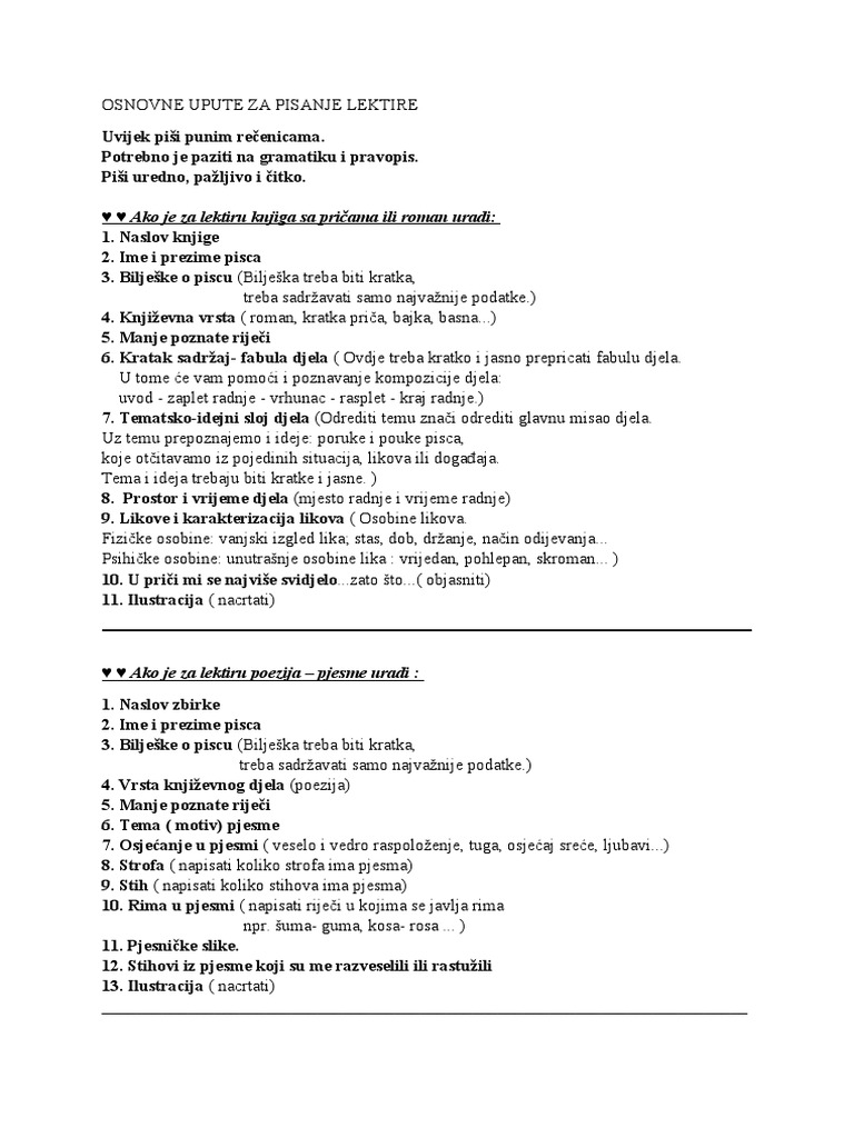 Osnovne Upute Za Pisanje Lektire | PDF