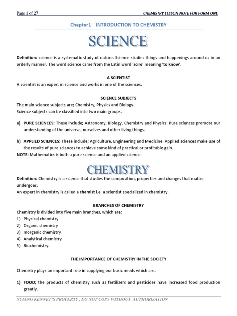 Chemistry Lesson Notes For Form One | PDF | Mixture | Solution