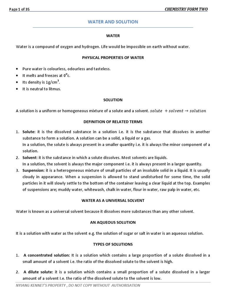 Chemistry Lesson Notes For Form Two | PDF | Solution | Solubility