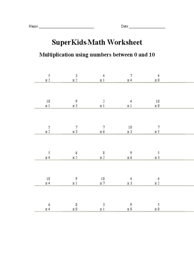 Superkids Math Worksheet: Multiplication Using Numbers Between 0 and 10 ...