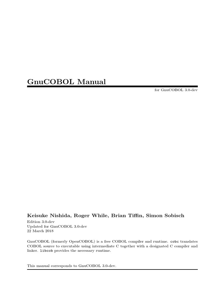 Gnucobol Manual: Keisuke Nishida, Roger While, Brian Tiffin, Simon ...
