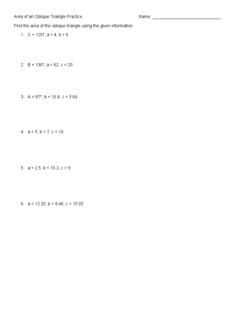 Oblique Triangle Area Practice Worksheet | PDF