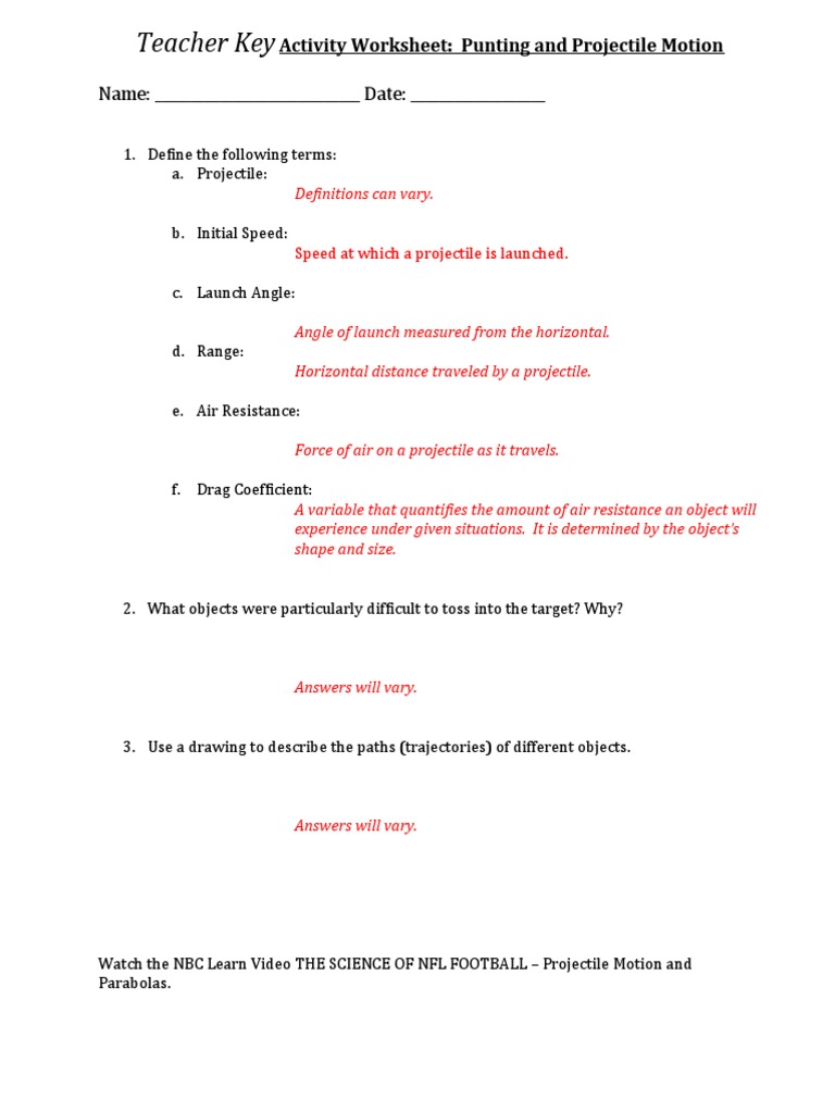 Punting and Projectile Motion Activity Worksheet TEACHER KEY - 0 | PDF ...