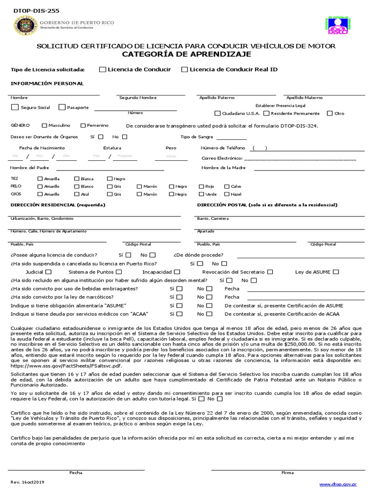 DTOP-DIS-255 Solicitud para Certificado de Licencia para Conducir ...