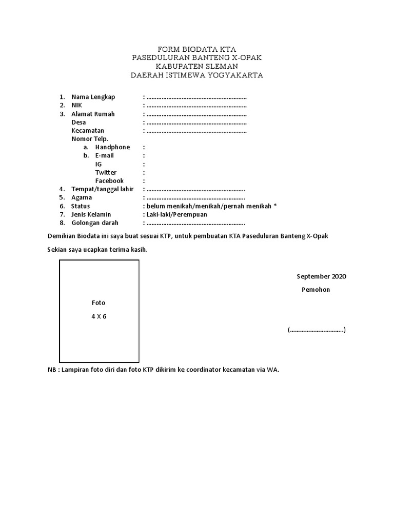Form Biodata Kta | PDF